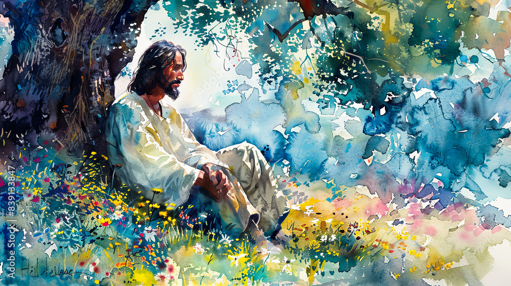 Digital watercolor painting of Jesus sitting beneath a sprawling oak ...