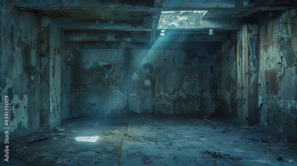 Abandoned bunker with decaying concrete walls, faint blue emergency ...