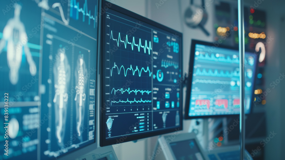 Detailed medical monitoring screens displaying critical vital signs and ...