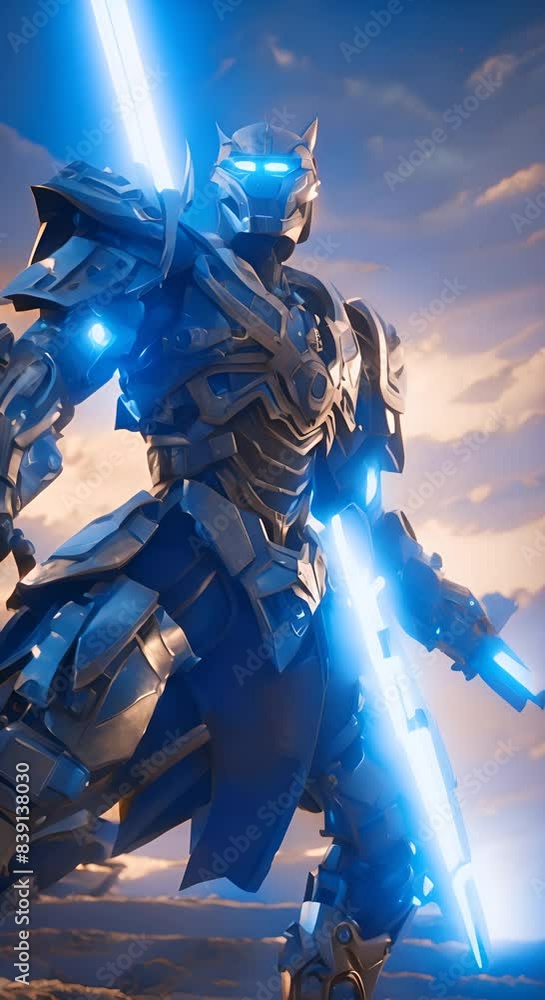 Futuristic robotic warrior wielding a glowing blue sword symbolizing ...