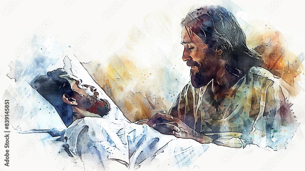 Digital watercolor painting of Jesus Watercolor painting, Jesus visiting a modern hospital and ...
