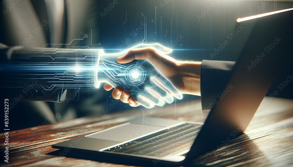 human hand is shaking hands with a robotic hand emerging from a laptop ...