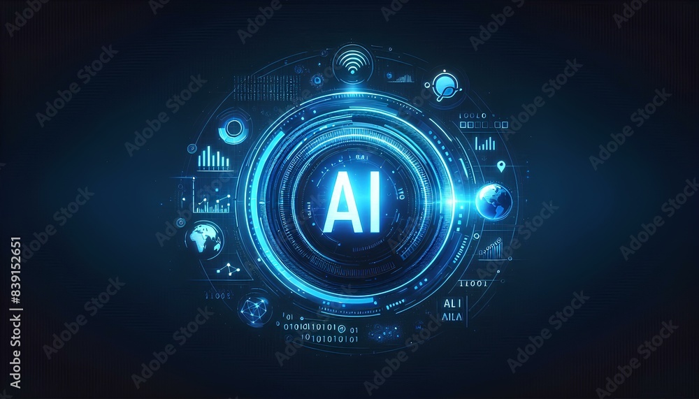 glowing blue AI logo in the center of a circular ring, representing a ...