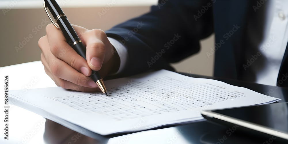 Young mans hand with pen pointing to document with correct ...