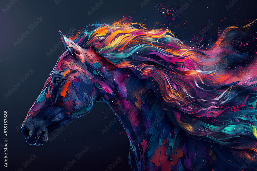 Beautiful colorful horse, in the style of illustration, with brush ...