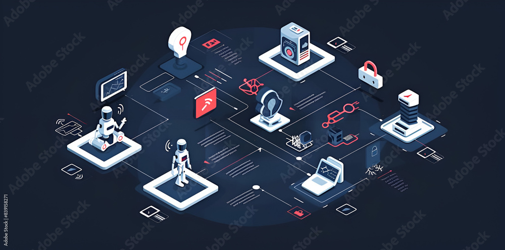 Isometric AI and ML concept illustration with security icons, robots ...