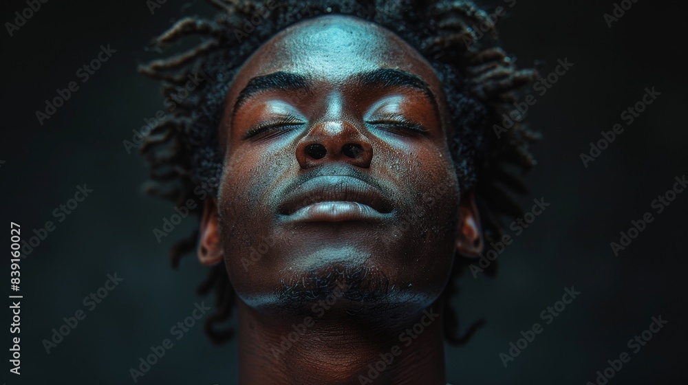 Moody low-light portrait of a man with closed eyes and dreadlocks ...