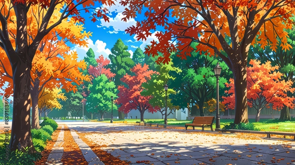 Autumn landscape road Anime style illustration, flat vector ...