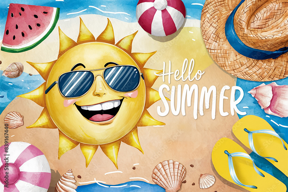 Hello summer text on vacation theme watercolor image. Sun hat, sandy ...