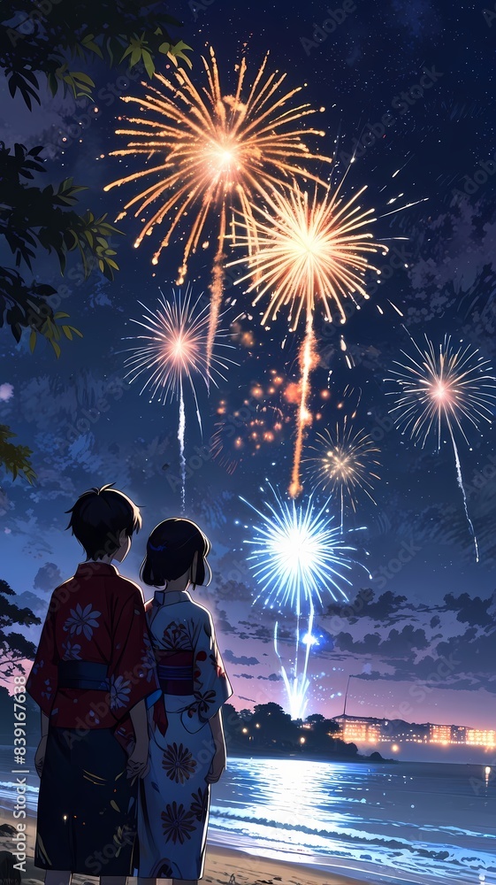 Cute couple watching firework, fire crackers in sky night Anime style ...
