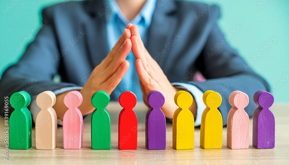 Corporate leader in a suit with hands in a triangle pose behind ...