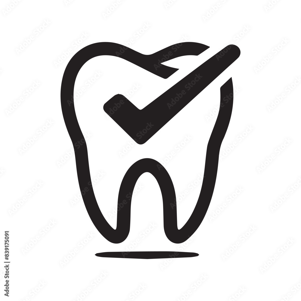 Tooth Icon with Checkmark, Dental Approval Symbol, Black and White ...