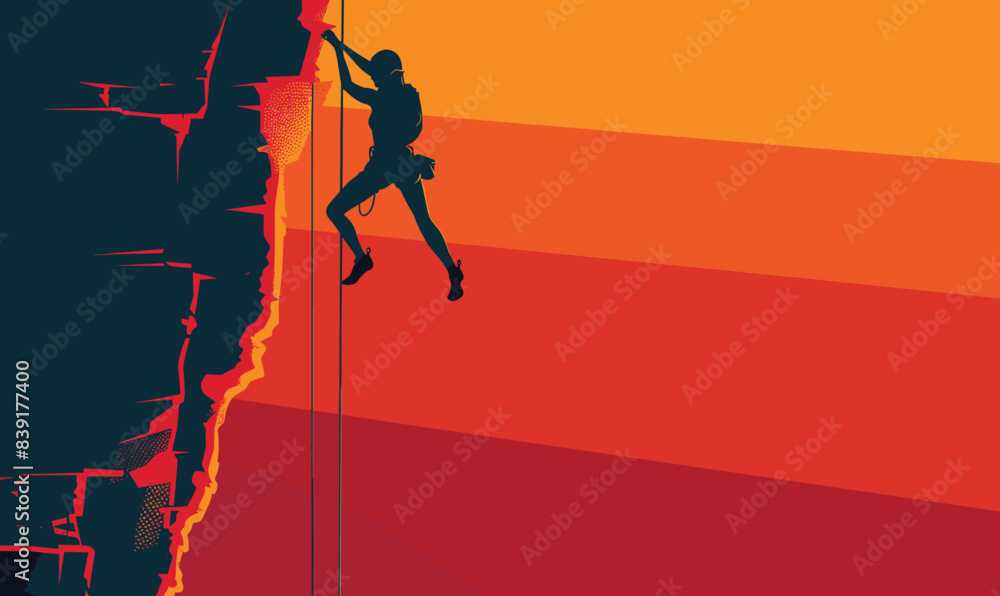 Climber ascending vertical cliff gradient sunset background. Rock ...