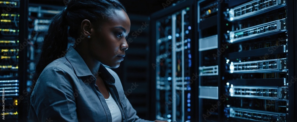 Laptop, network and data center with a black woman it support engineer ...