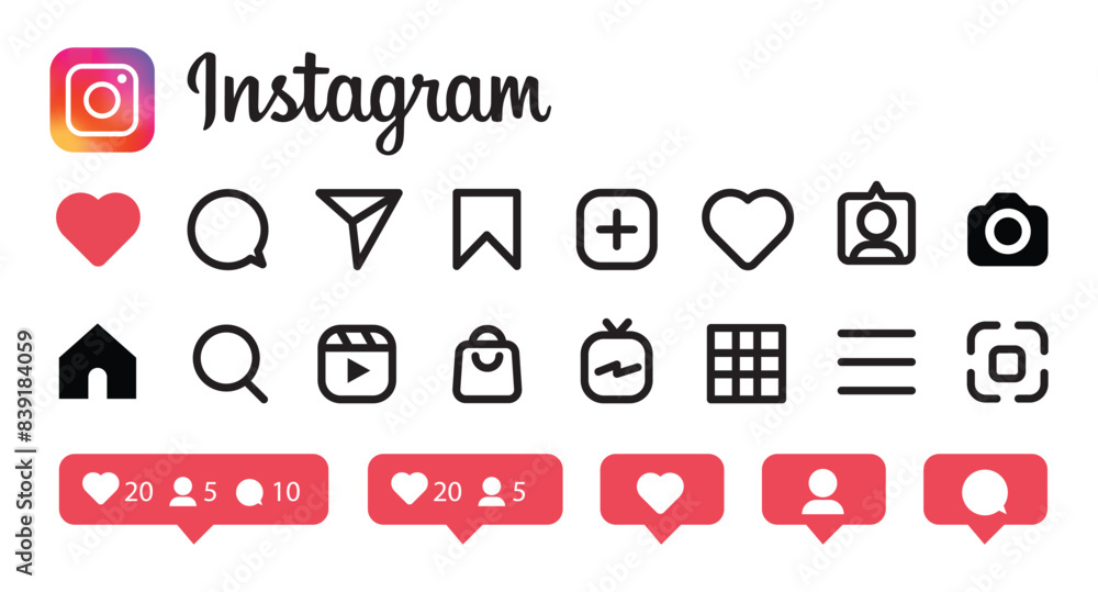 Instagram UI icons set. Isolated buttons, symbols, elements on white ...