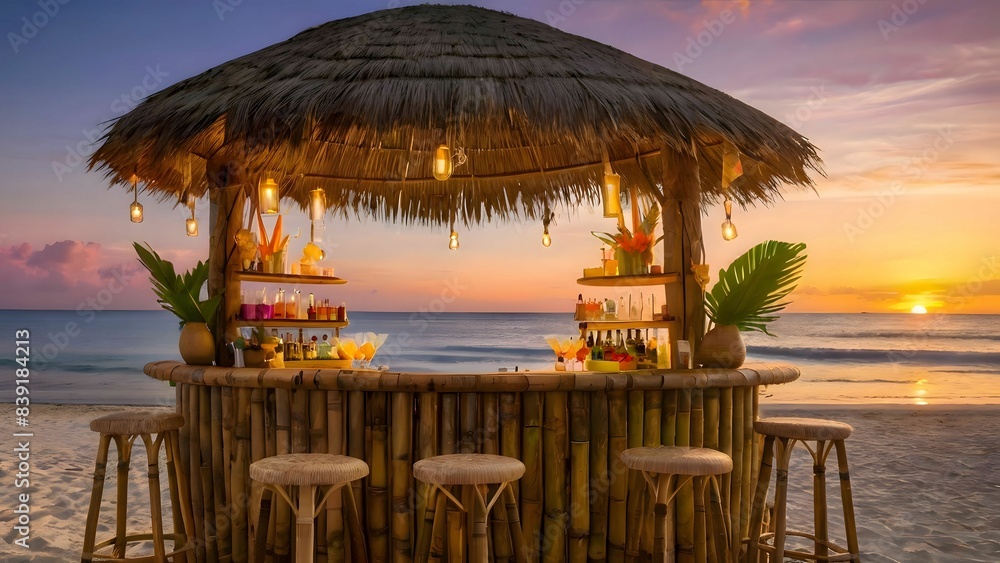 Create a vibrant tropical cocktail bar on the beach, with drinks served ...