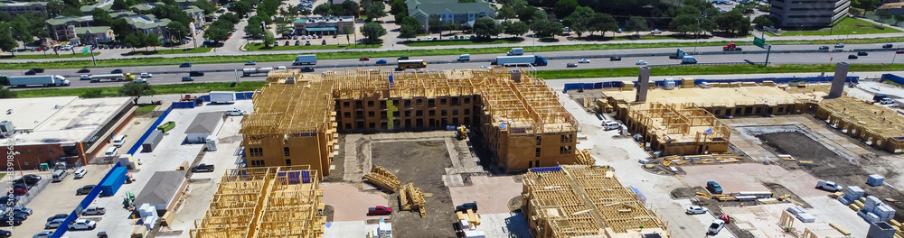 Panorama aerial view apartment under construction, Interstate I-35E ...