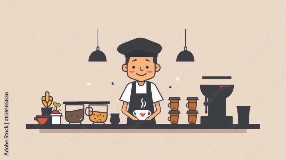 A cartoon illustration of a man making coffee in the kitchen, AI Stock ...