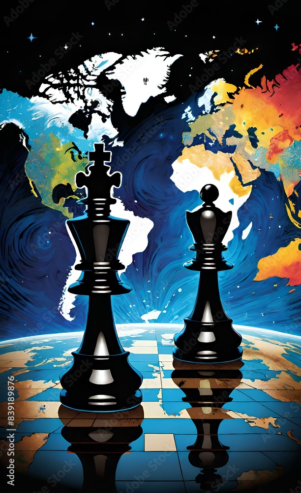 Geopolitics concept image with two chess pieces on a world map ...