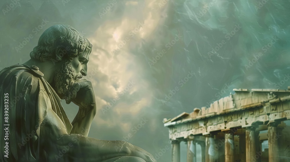 greek philosopher statue deep in thought ancient wisdom blurred ...