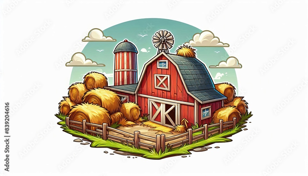 Cartoon barn with hay bales silo trees fence and birds in a rural farm ...
