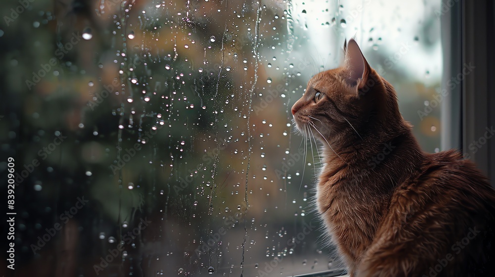 A ginger cat is sitting on a window sill, looking out at the rain. The ...