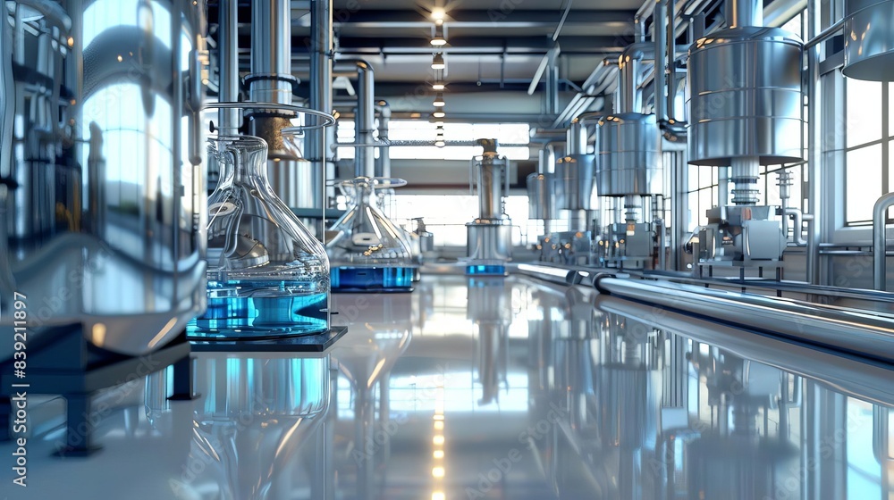 serene chemical engineering lab with distillation columns and reaction ...