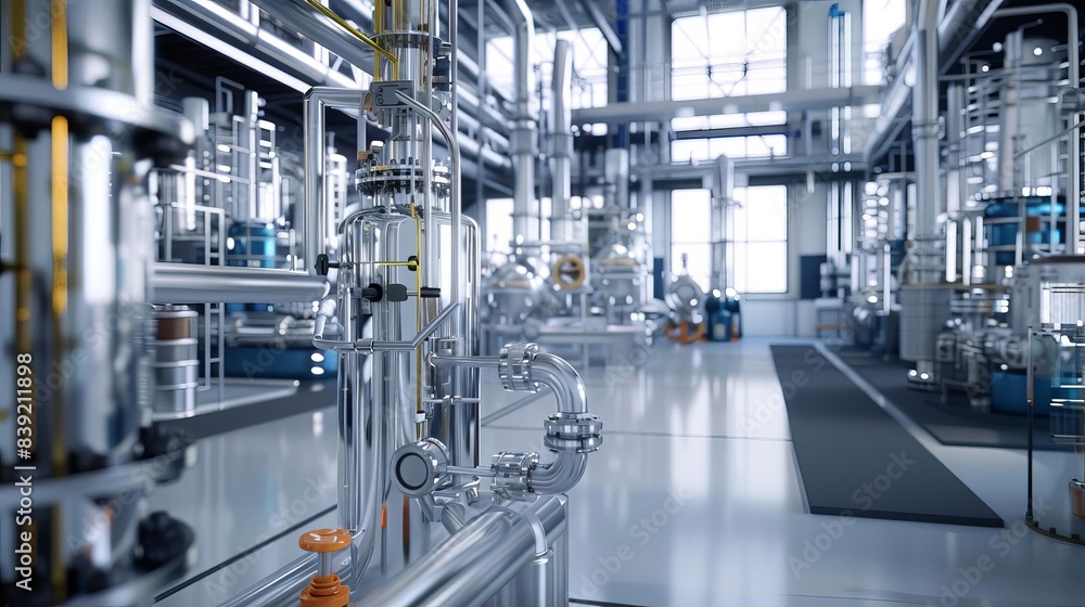 serene chemical engineering lab with distillation columns and reaction ...