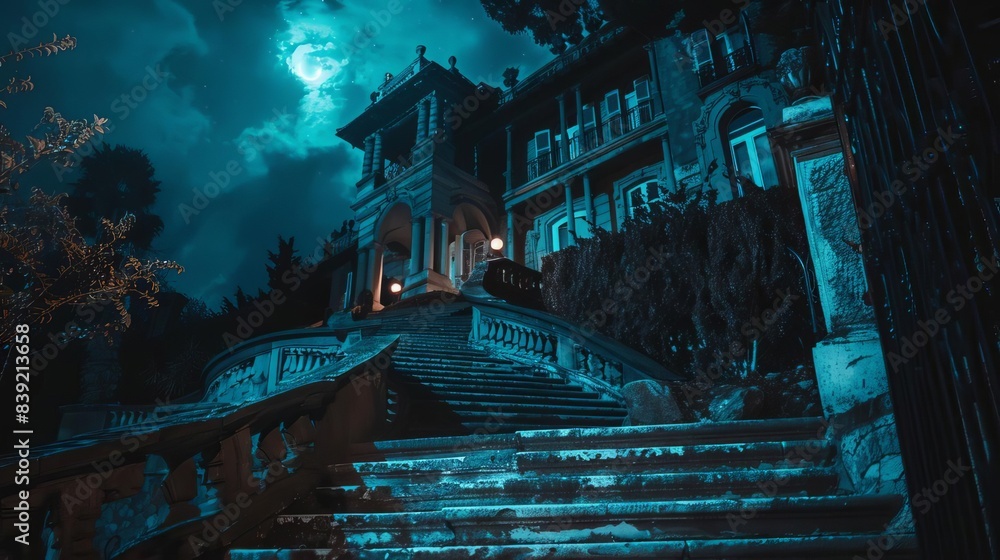 spooky haunted mansion at night with eerie staircase and ghostly ...