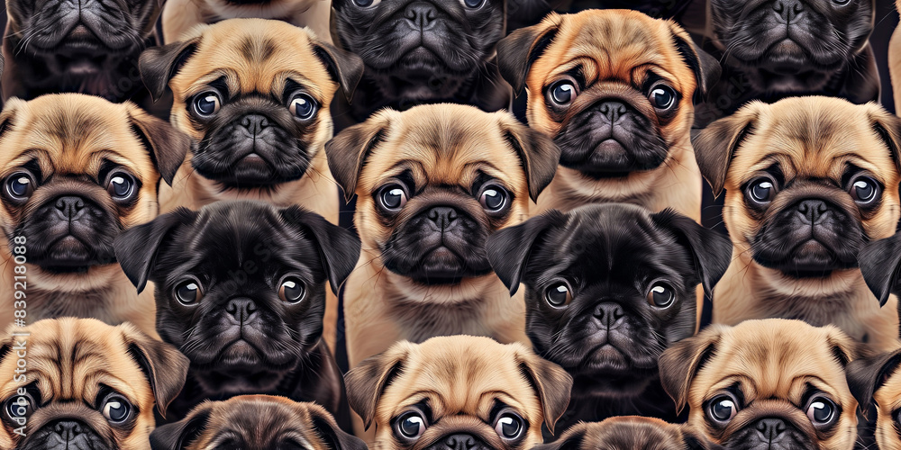 Seamless pattern with realistic tricolor pug dogs. Colorful background ...