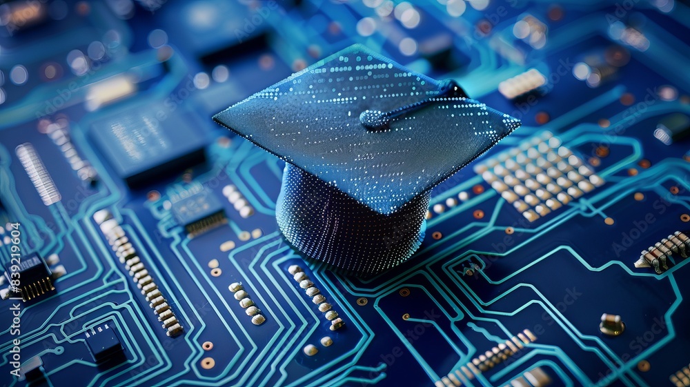 Graduation cap on a computer motherboard symbolizing the intersection ...
