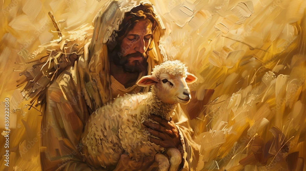 tender portrait of jesus christ as a shepherd carrying a lost lamb warm ...