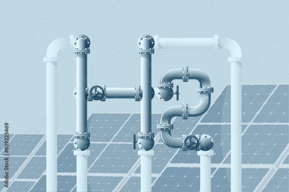 H2 formula from pipes on a background of solar panels. Green Hydrogen ...
