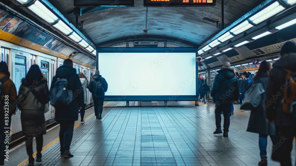 Blank white digital sign billboard poster mockup in train station ...