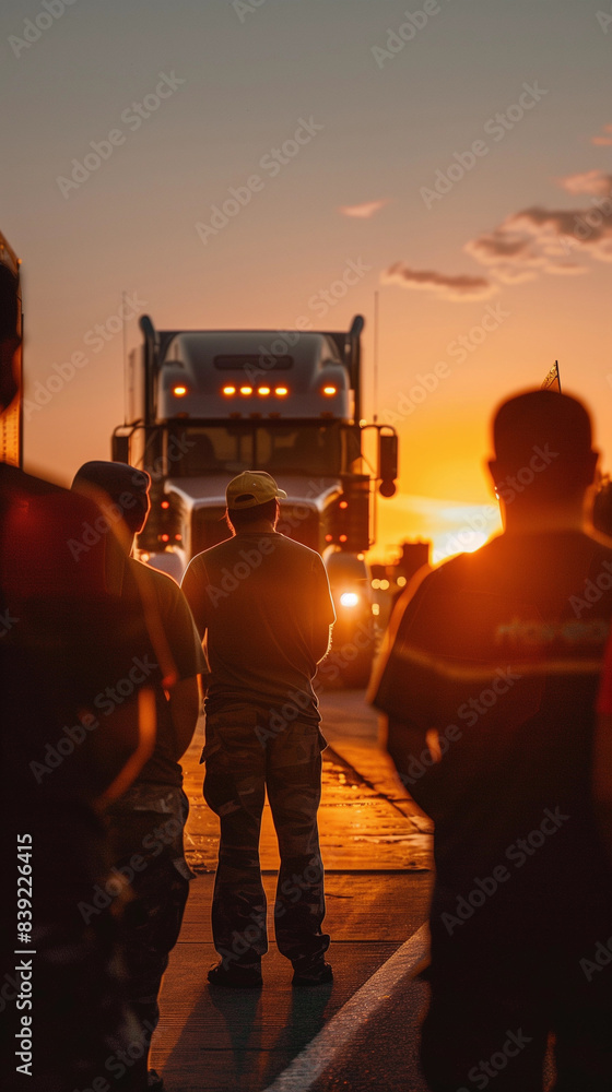 Freight transport truck drivers sunrise safety clothes commercial ...