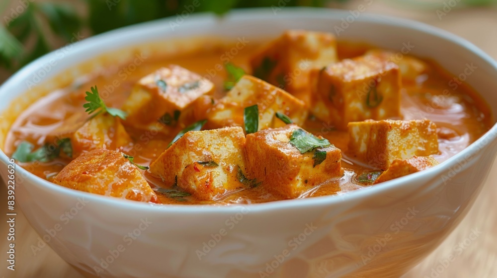 A bowl of creamy and indulgent paneer butter masala, featuring cubes of ...