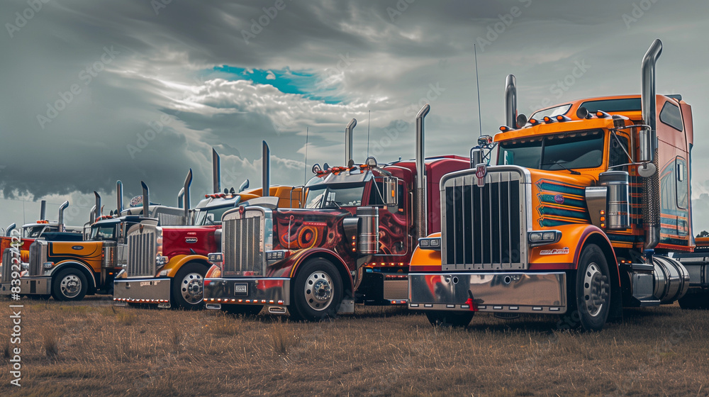 Fleet of long haul semi-trailer shipping transportation logistic diesel ...