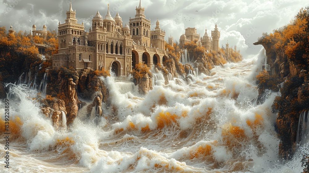 Show a frontal view of a dystopian cityscape fused with culinary ...