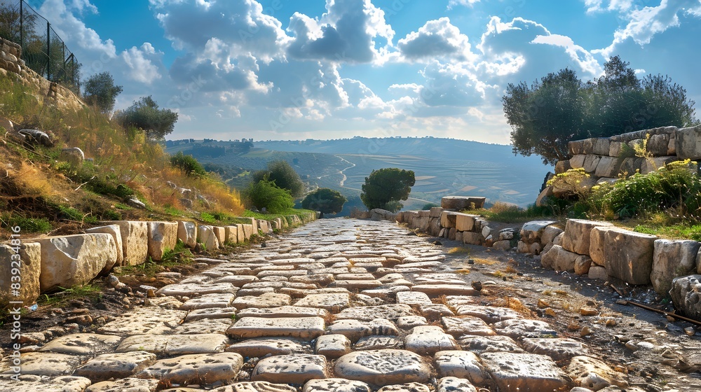 An ancient Roman road made of large cobblestones and lined with stone ...