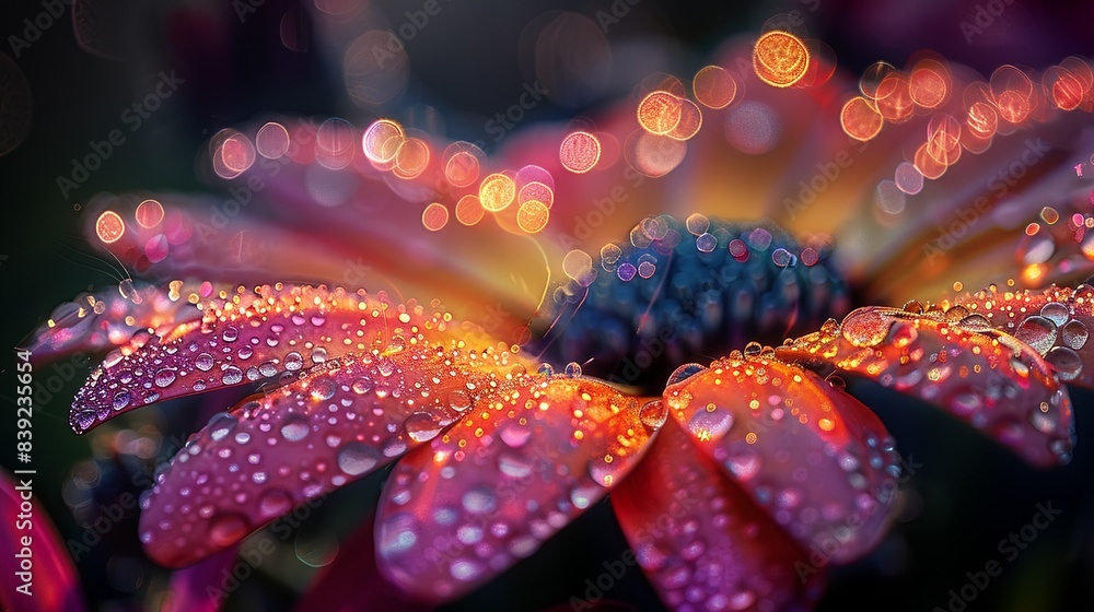 A detailed close-up of a flower petal covered with dew, where each ...