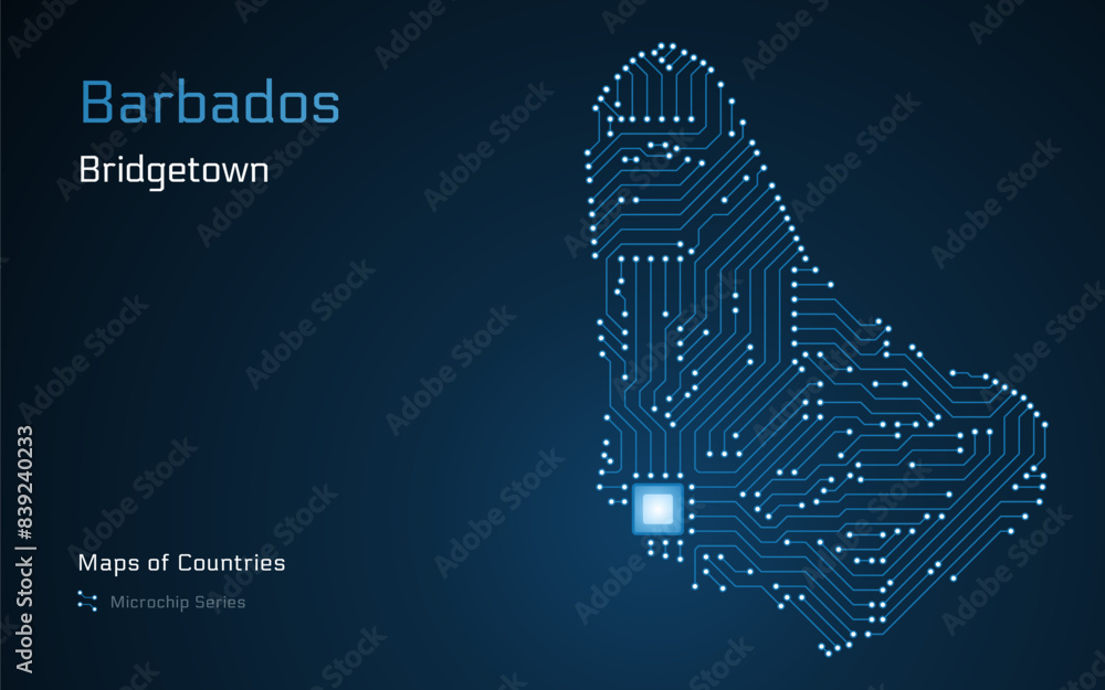 Barbados Map with a capital of Bridgetown Shown in a Microchip Pattern ...