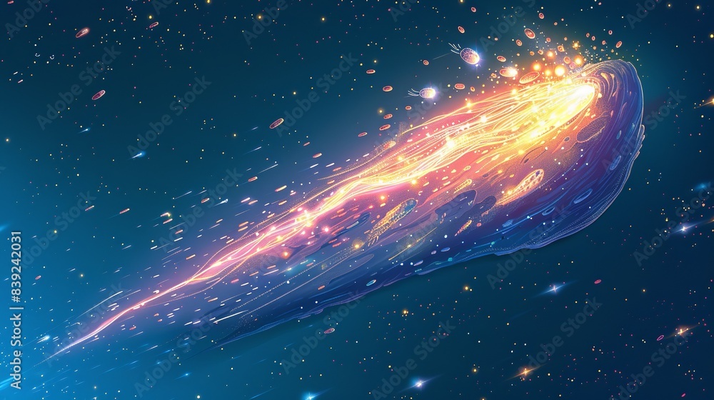 A detailed depiction of a comet streaking through space, with a tail of ...