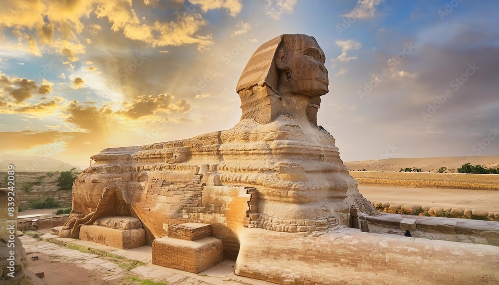 The Great Sphinx of Giza illuminated by the warm light of sunrise. The ...