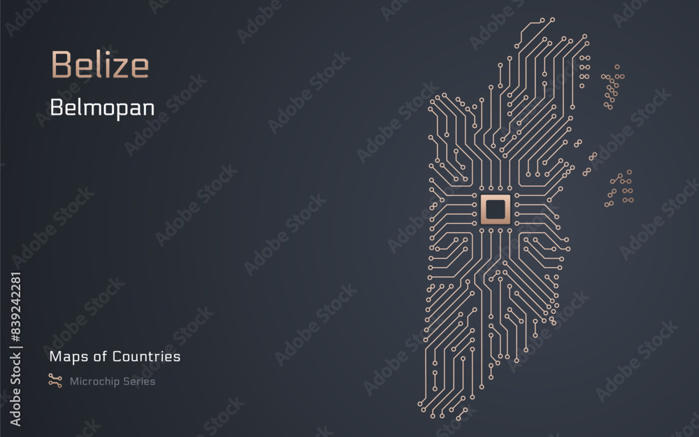 Belize Map with a capital of Belmopan Shown in a Microchip Pattern with ...