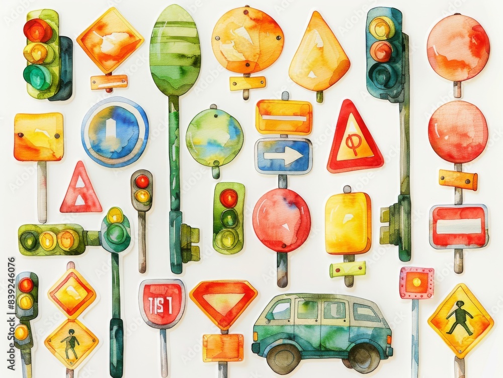 Watercolor painting of various traffic signs, including stop signs ...