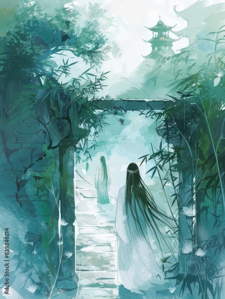 illustration with an exquitsite white color hanfu long hair young woman ...