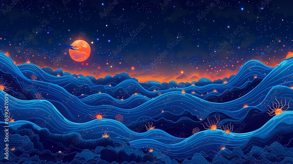 An illustration of an alien ocean planet with bioluminescent waves ...