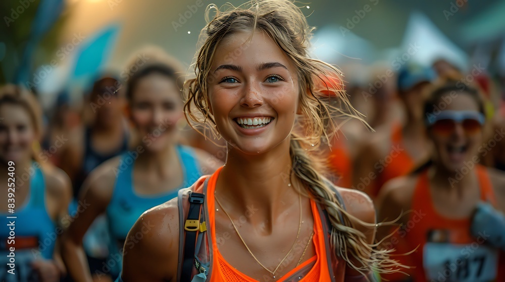 female runner crossing the finish line of a marathon her face beaming ...