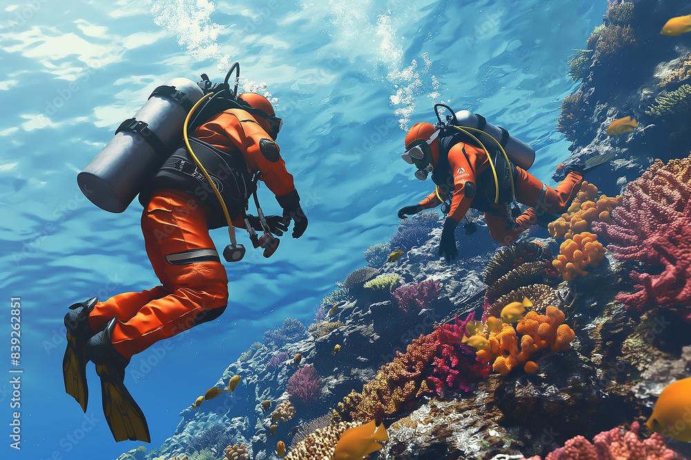 Two scuba divers in full gear and orange wetsuits working together to ...