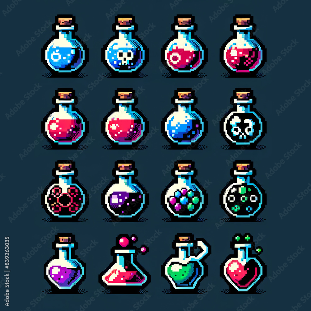Sprite sheet of RPG alchemy flasks in pixel art style Stock ...